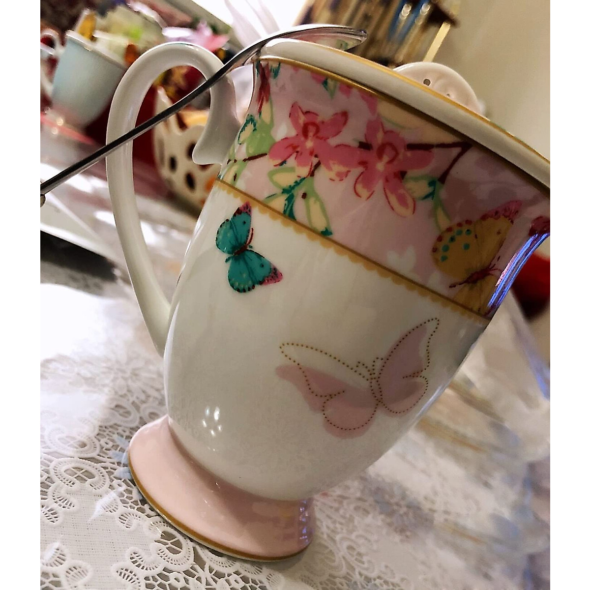 YBK Tech Euro Style Porcelain Tea Cup Coffee Mug with Lid for Breakfast Home Kitchen (((Butterflies Pattern) (Pink)))