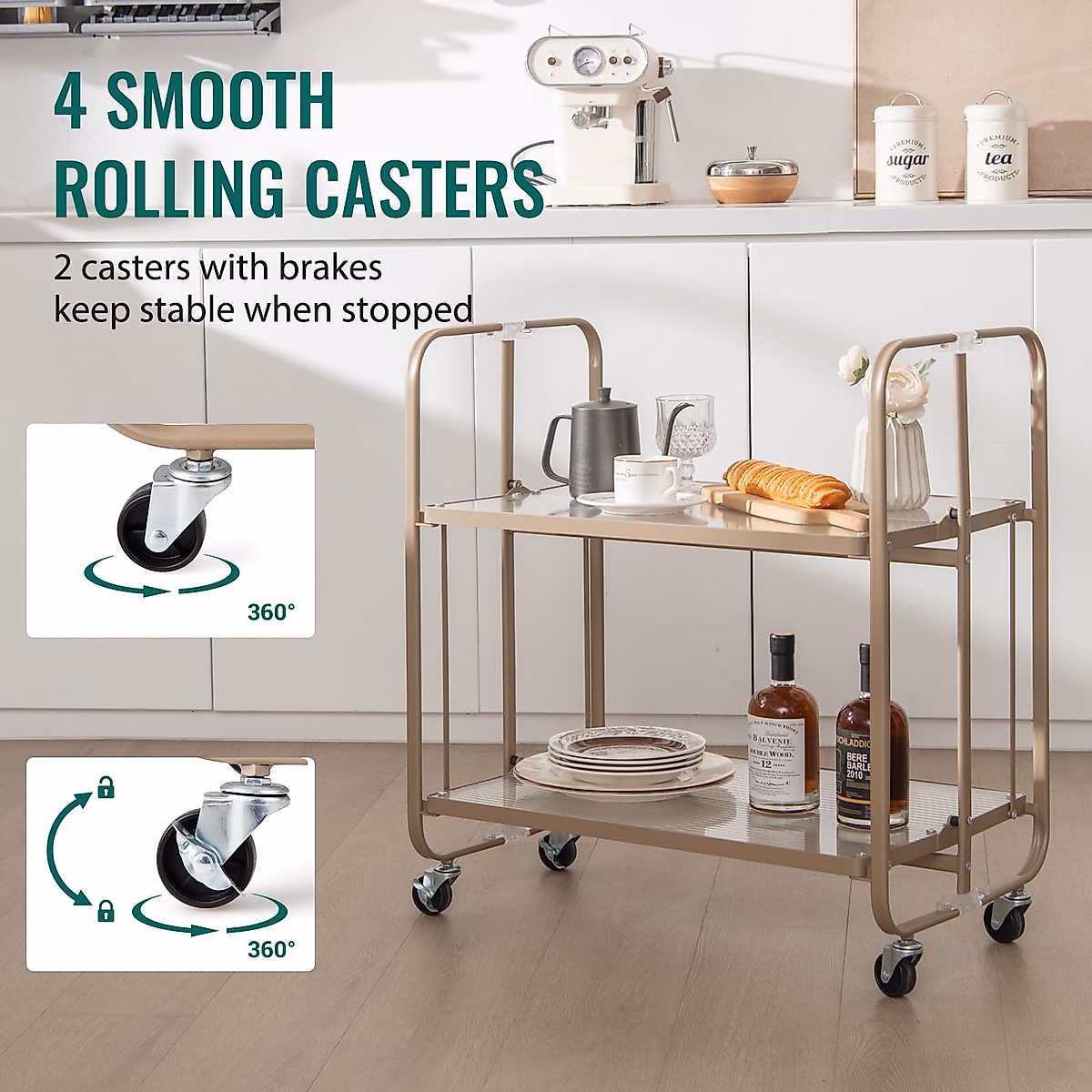 LOKO 2-Tier Foldable Bar Cart on Wheels, Mobile Home Bar & Serving Cart with Tempered Glass Shelf, Rolling Kitchen Island Cart with Powder-Coated Metal Frame, for Dining Room Living Room, Rose Gold