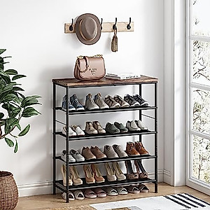 INGIORDAR Shoe Rack Organizer 5 Tier Metal Organizer Shelf with Industrial MDF Board and Layer Fabric for Entryway Closet Bedroom Living Room Garage,Black & Rustic Brown