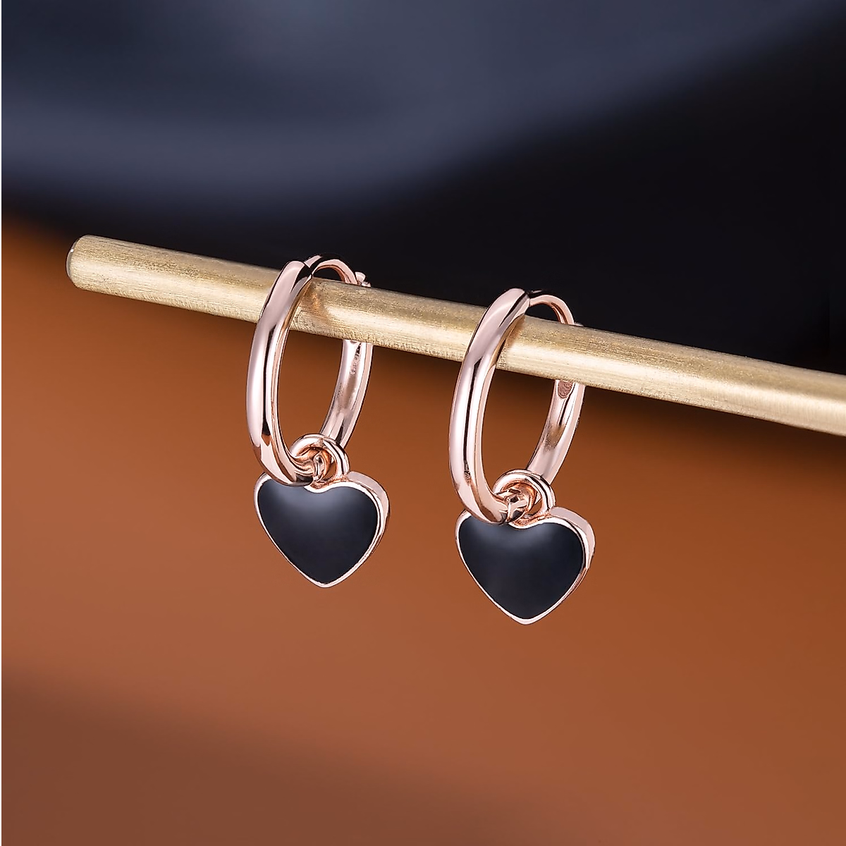 SLUYNZ 925 Sterling Silver Black Heart Hoop Earrings for Women 1.4CM Heart Hoop Dangle Earrings (C-Rose Gold)
