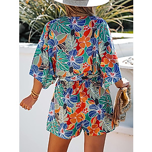 CUPSHE Women's V Neck Romper Half Sleeve Jumpsuit Tropical Hawaii Leaf Belted Belt Romper Wide Leg Outfit Black