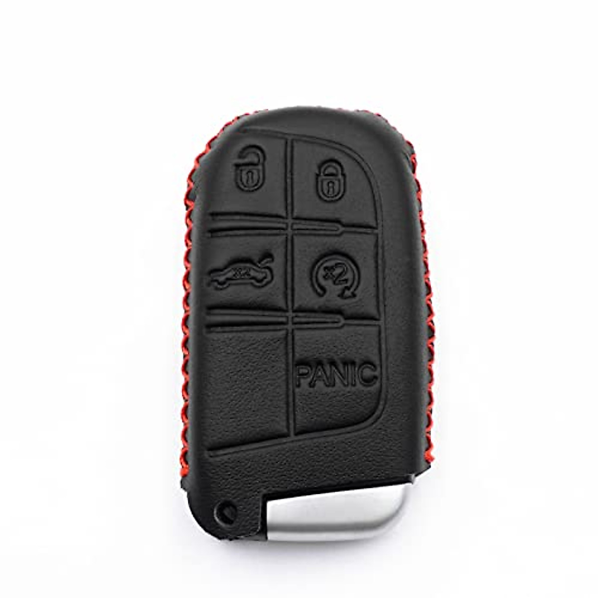 MJKEYAuto Black Leather 5 Buttons Smart Remote Key Fob Cover Chain Case for Jeep Grand Cherokee Dodge Challenger Charger Dart Durango Journey Chrysler 200 300 Fiat (type1)
