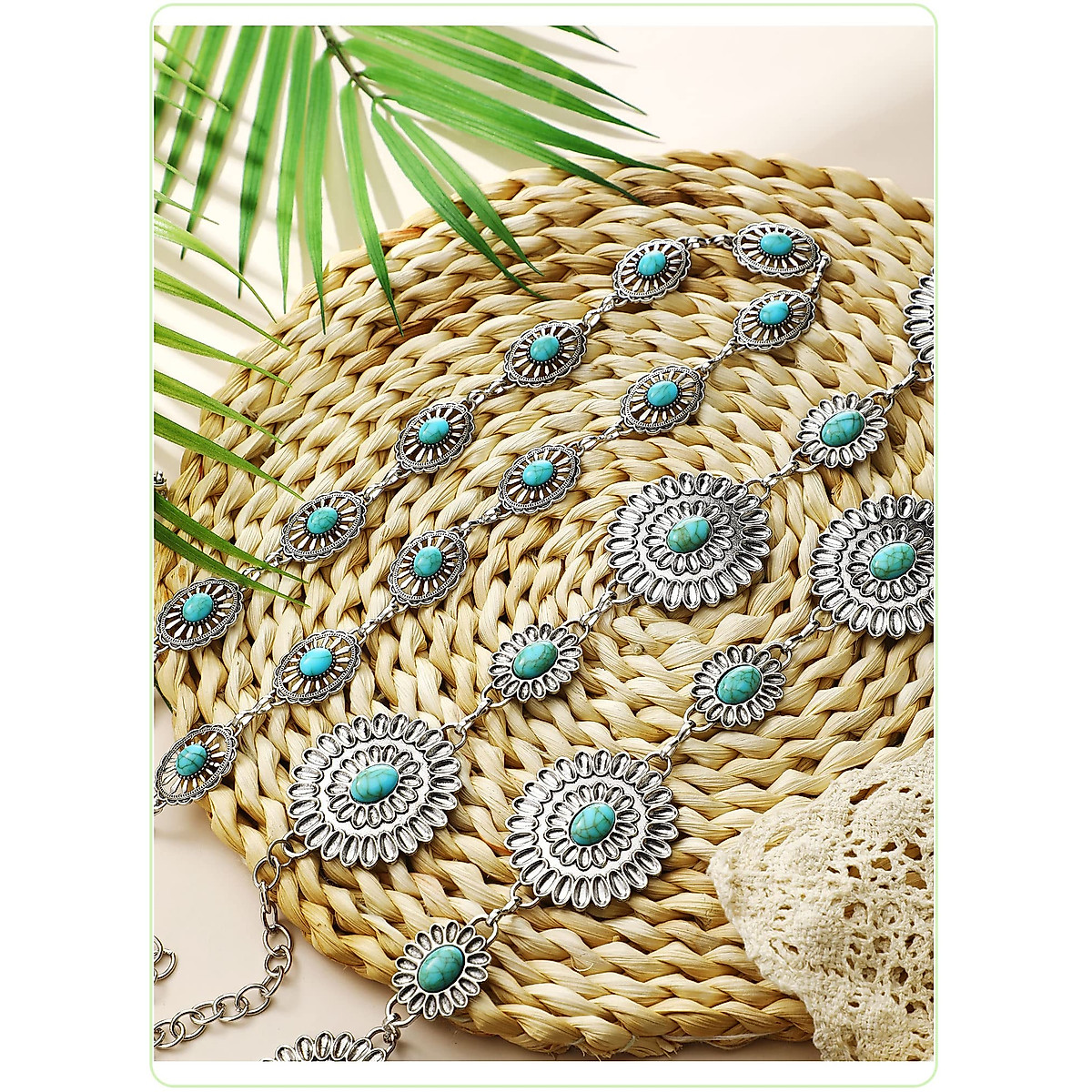 Epakh Turquoise Chain Belt Western Concho Belts for Women Silver Oval Belt Adjustable Metal Waist Belts for Dresses, One Size(Classic Style, 2 Pieces)