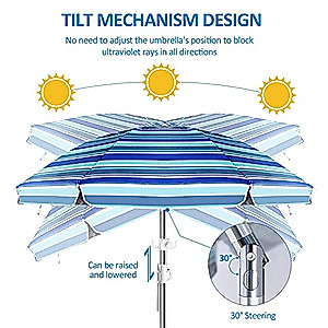 Beach Umbrella,LUHAHALU 7.5FT Beach Umbrellas for Sand Heavy Duty Wind Portable, UPF 50+ Sun Shelter with Tilt Sand Anchor and Carry Bag, Sunshade Umbrella for Patio Outdoor Garden Beach(Silver Coated Blue Striped)