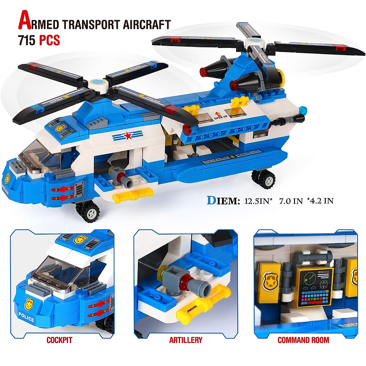 1648 Pieces City Police Armed Transport Helicopter Toy Building Blocks Set with Plane, Police Boat, Ship, Blocks Storage Box, Learning and Roleplay Construction Toy Gift for Boys Girls 6-12