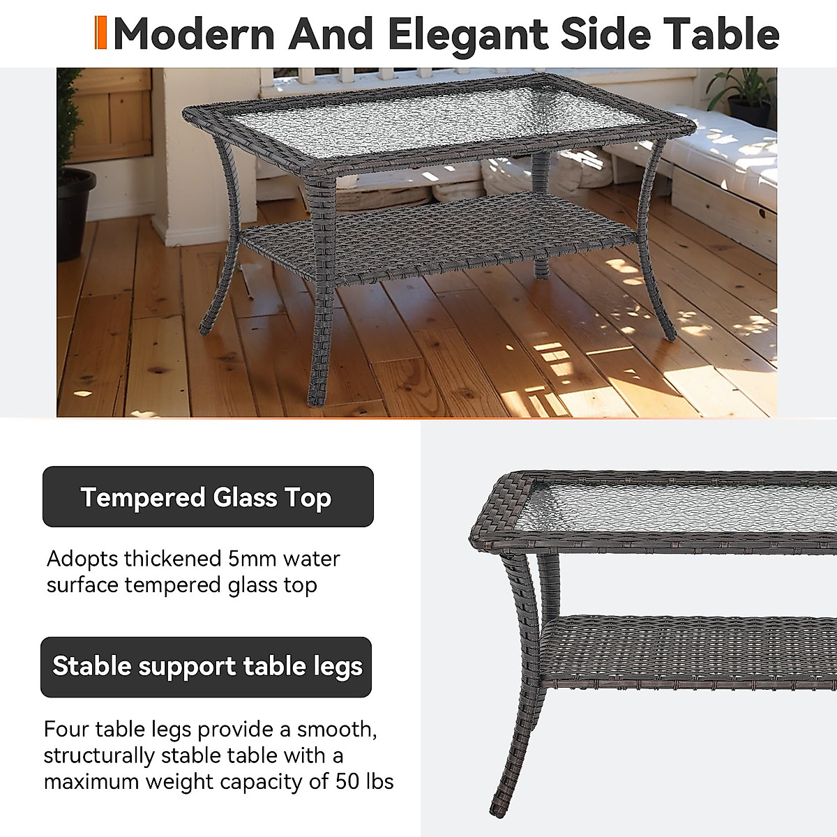 Outdoor Coffee Table - Patio Rattan Wicker Coffee Table with Tempered Glass Top and 2-Tier Storage Outdoor Table for Deck Porch Balcony Garden - Brown