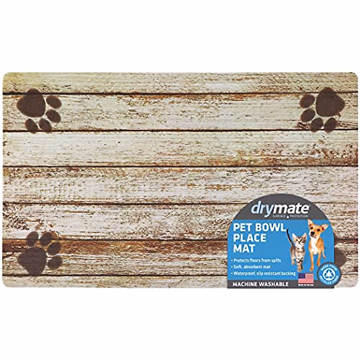 Drymate Pet Bowl Placemat, Dog & Cat Food Feeding Mat - Absorbent Fabric, Waterproof Backing, Slip-Resistant - Machine Washable/Durable (USA Made) (12” x 20”) (Distressed Wood Tan)