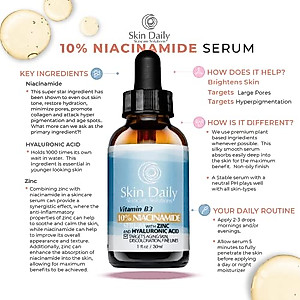 Skin Daily 10% Niacinamide Brightening Serum W/Zinc- Dark spot, Hyperpigmentation, Melasma Treatment for Face - Unlock Flawless Skin with Our Niacinamide Serum - The Secret to Your Best Skin Yet