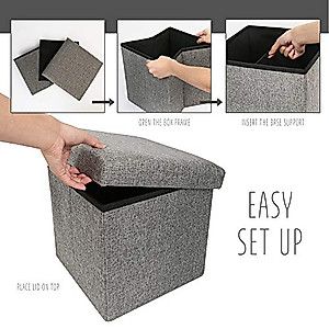 LotFancy Storage Ottoman Cube, Folding Ottoman Seat, Square Ottoman with Lid for Foot Stools and Footrest, Fabric Box Bin for Kids and Adults, 13x12x12'', Grey