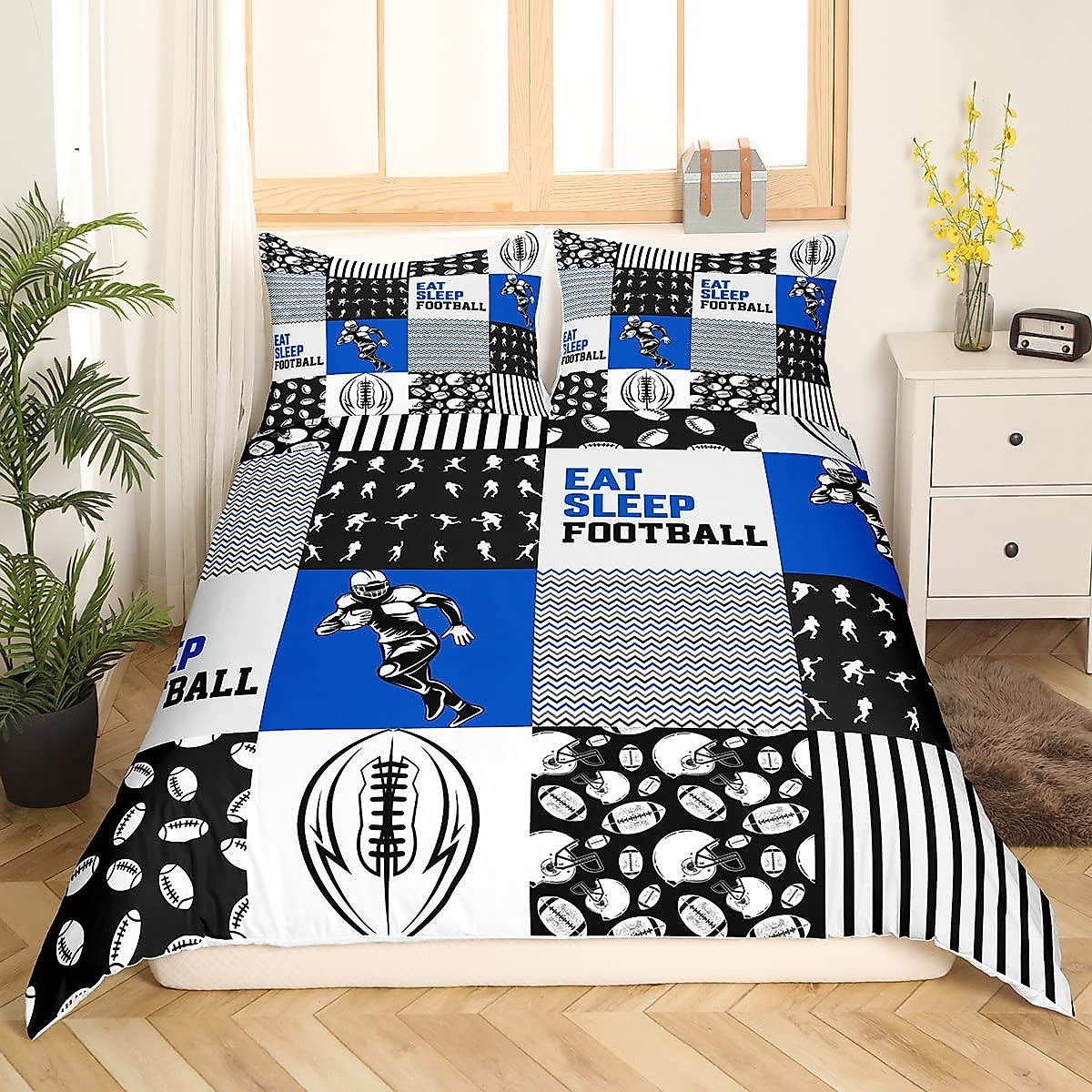 Erosebridal Football Bedding Sets Full Size,Football Player Duvet Cover for Teens Adult,Ball Game Patchwork Comforter Cover for Gift,Geometry Eat Sleep Football Artwork Bed Sets with 2 Pillowcases