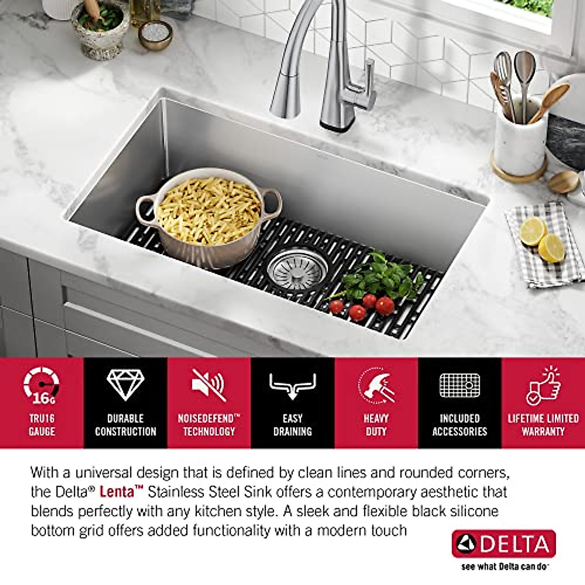 DELTA FAUCET Delta Lenta 30-inch Undermount 16 Gauge Stainless Steel Single Bowl Kitchen Sink with Accessories, 953034-30S-SS, Satin