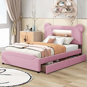 BOVZA Full Size Upholstered Storage Platform Bed Frame with Cartoon Ears Shaped Headboard, 2 Drawers, LED and USB, Pink