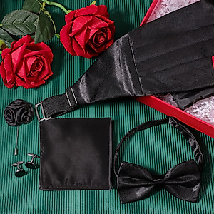 Geyoga 5 Pcs Mens Cummerbund Bow Tie Set Halloween Accessories for Men Party Wedding, Cummerbund Bow Tie Pocket Square Cuff Links(Black)