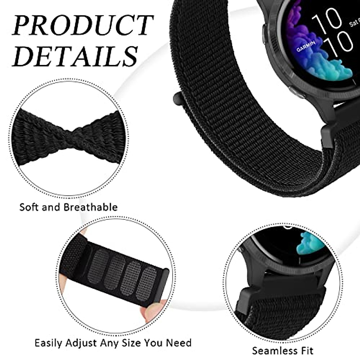 Wanme Bands for Garmin Venu/Vivoactive 3 Watch Band, 20mm Adjustable Nylon Replacement Wristband Strap for Garmin Venu Sq, Vivoactive 3 Music, Forerunner 645/245 Music, Samsung Galaxy Watch 4 (Black)