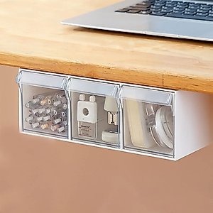 YOSKAEDI Under Desk Drawer Storage with 3 Drawers, Large Desk Drawer Attachment for office, Drawer Organizer Slide Out, Plastic Stick on Drawer White
