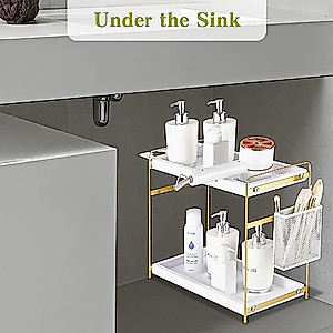 Bathroom Countertop Organizer with Hair Tool Storage Organizer, 2 Tier Bathroom Organizer Countertop with Hair Blow Dryer Holder, White Bathroom Counter Organizer with Basket for Vanity Counter
