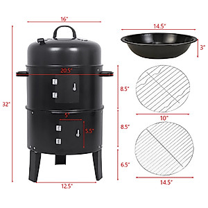 Artudatech 3-in-1 Detachable Vertical Charcoal Smoker Portable BBQ Smoker Grill