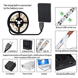 NEWREACH USB LED Light Strip White with Battery Box (Batteries Not Included), 16.4ft Daylight Under Cabinet Strip Lights Cuttable for Bedroom, Mirror, Party, Camping, Christmas, 8.2ft x 2