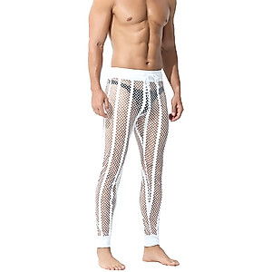 QiaTi Men's Fishnet Pants Mesh See Through Muscle Leggings Stretchy Drawstring Long Pants B-White