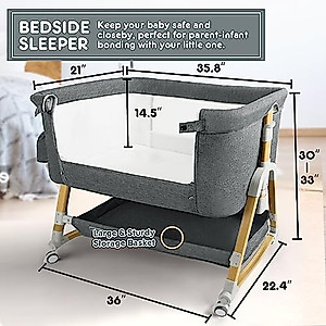 HARPPA Baby Bassinet Bedside Sleeper (Diaper Changing Station + Mosquito Net Included), Adjustable Bedside Crib with Storage, Converts to Cradle and Cosleeper, Portable, Easy Folding. Grey
