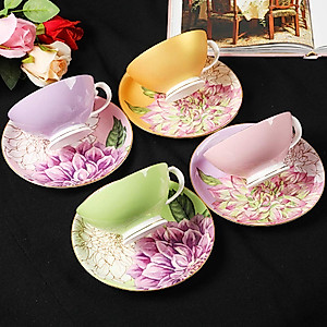 PULCHRITUDIE Fine Bone China Teacup and Saucer Set, English Teasets, Floral Design with Golden Rim, 8oz Cup, Set of Four