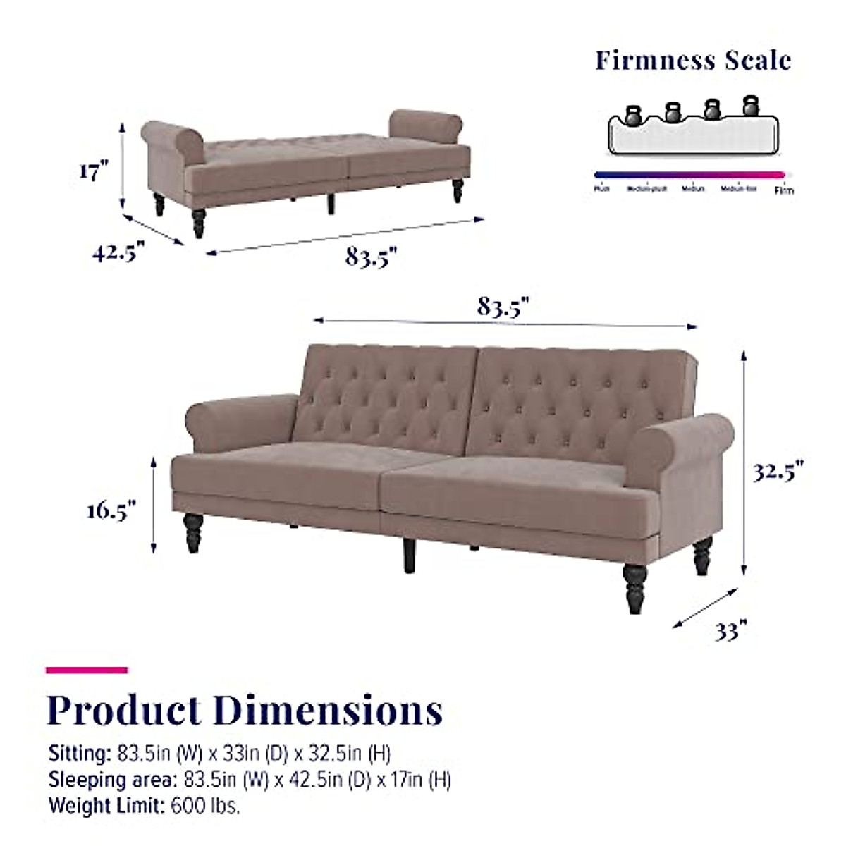 Novogratz Cassidy Upholstered Futon, Blush Velvet