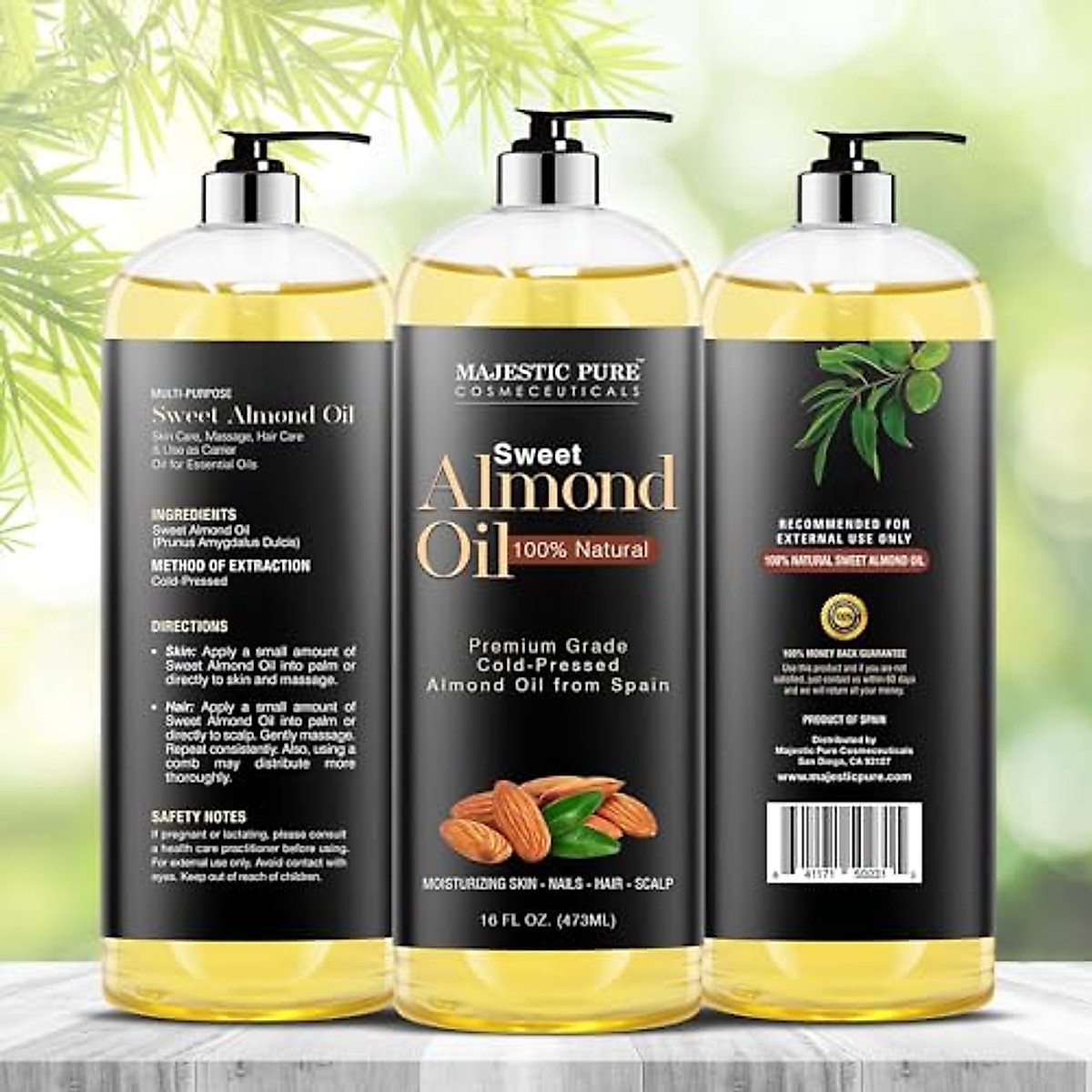 MAJESTIC PURE Sweet Almond Oil, Triple A Grade Quality, Pure and Natural from Spain, Cold Pressed, (Packaging May Vary) - 16 fl. Oz