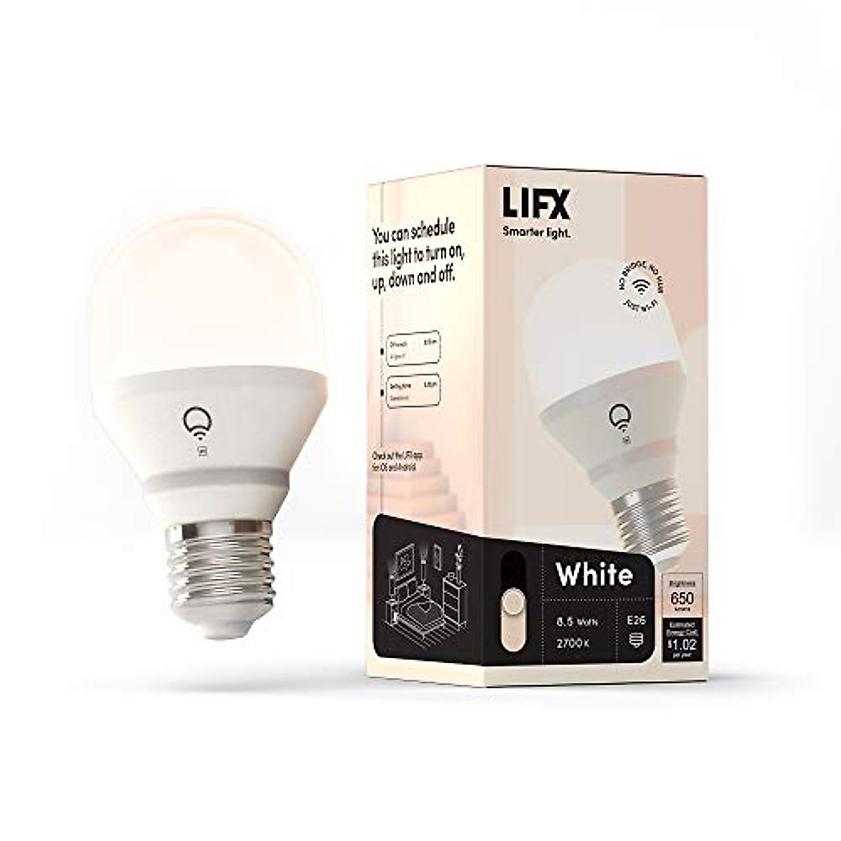 LIFX L3A19LW06E26CA White, A19 Wi-Fi Smart LED Light Bulb, Warm, Dimmable, No Bridge Required, Works with Amazon Alexa, Hey Google, Apple HomeKit