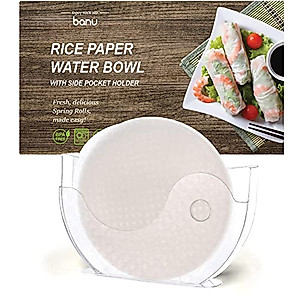 BANU Rice Paper Water Bowl with Side Pocker Holder for Rice Paper Wrappers for Spring Rolls, Summer Rolls. Spring Roll Maker, Banh trang holder (1)