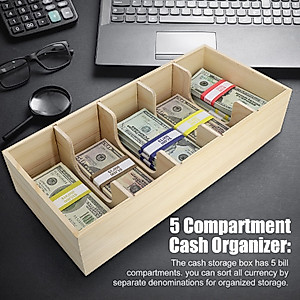 Mczxon Wooden Currency Money Cash Tray With 300 Currency Wrappers, 5 Compartment Wooden Cash Money Currency Organizer Storage Change Box Case for Cash, Moneyboxes Currency Holder Cash for Money