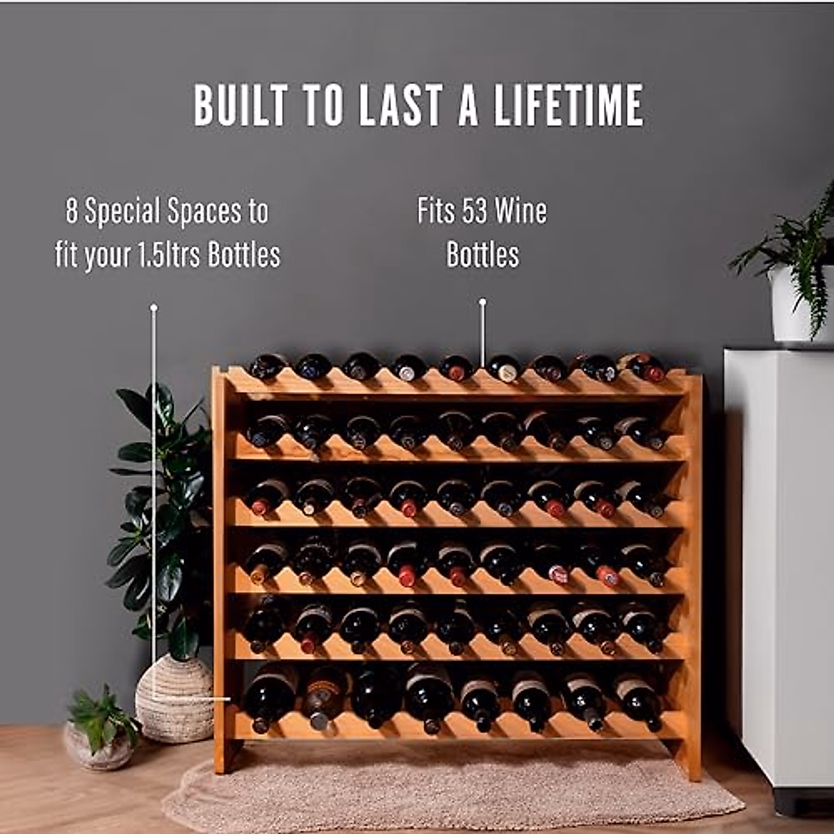Uva Nova Large Wine Rack | Wine Rack Wood | Wine Cellar Racks | 53 Bottle Wine Bottle Storage | Pine Wood Magnum Bottle Wine Rack Fits 8 Magnum Bottles