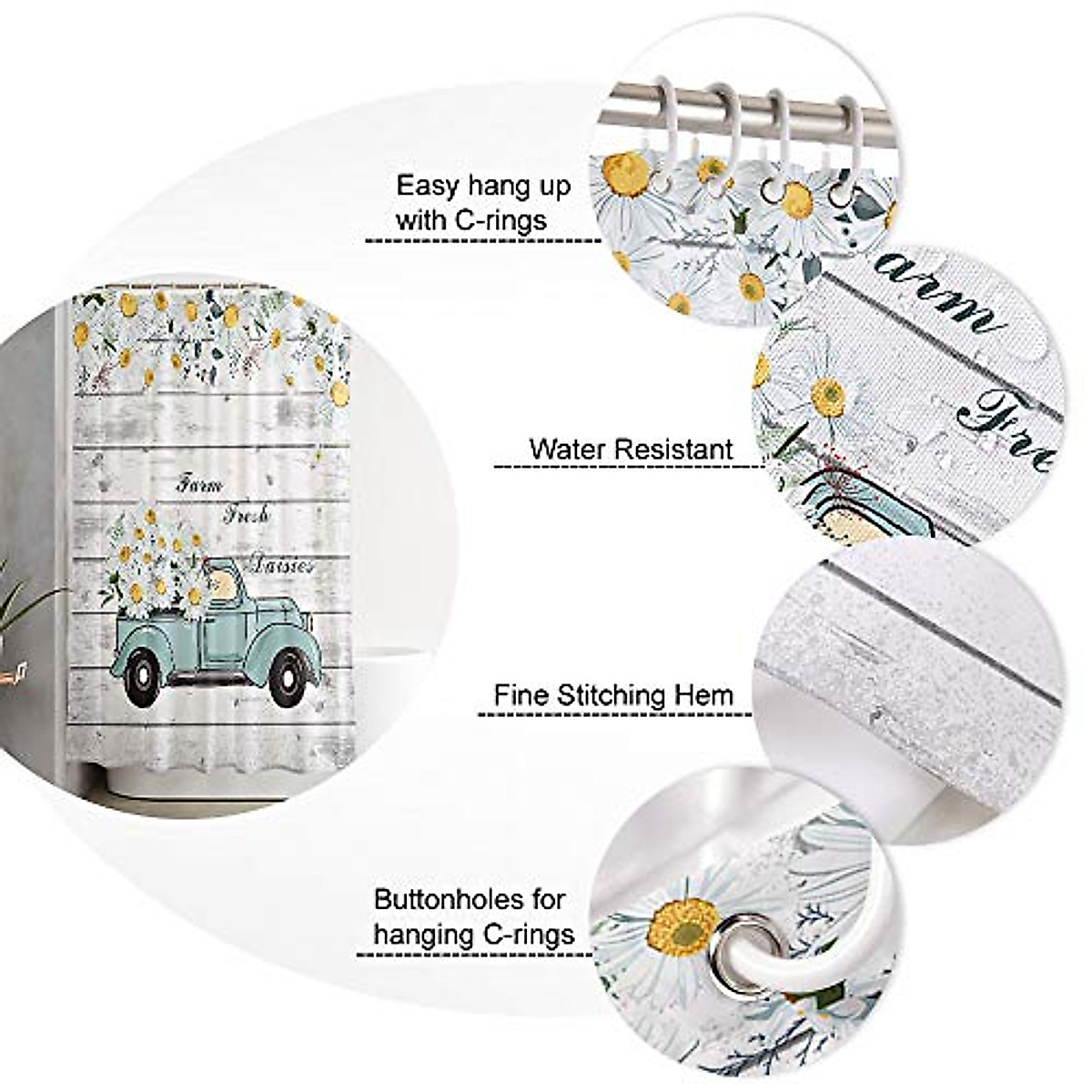 Xback 4 Piece Shower Curtain Sets for Bathroom, Farm Fresh Daisies Blue Truck Fresh Pastoral Style Retro Wood Board Machine Washable Bath Curtain with Non-Slip Rugs, Toilet Lid Cover and Bath Mat