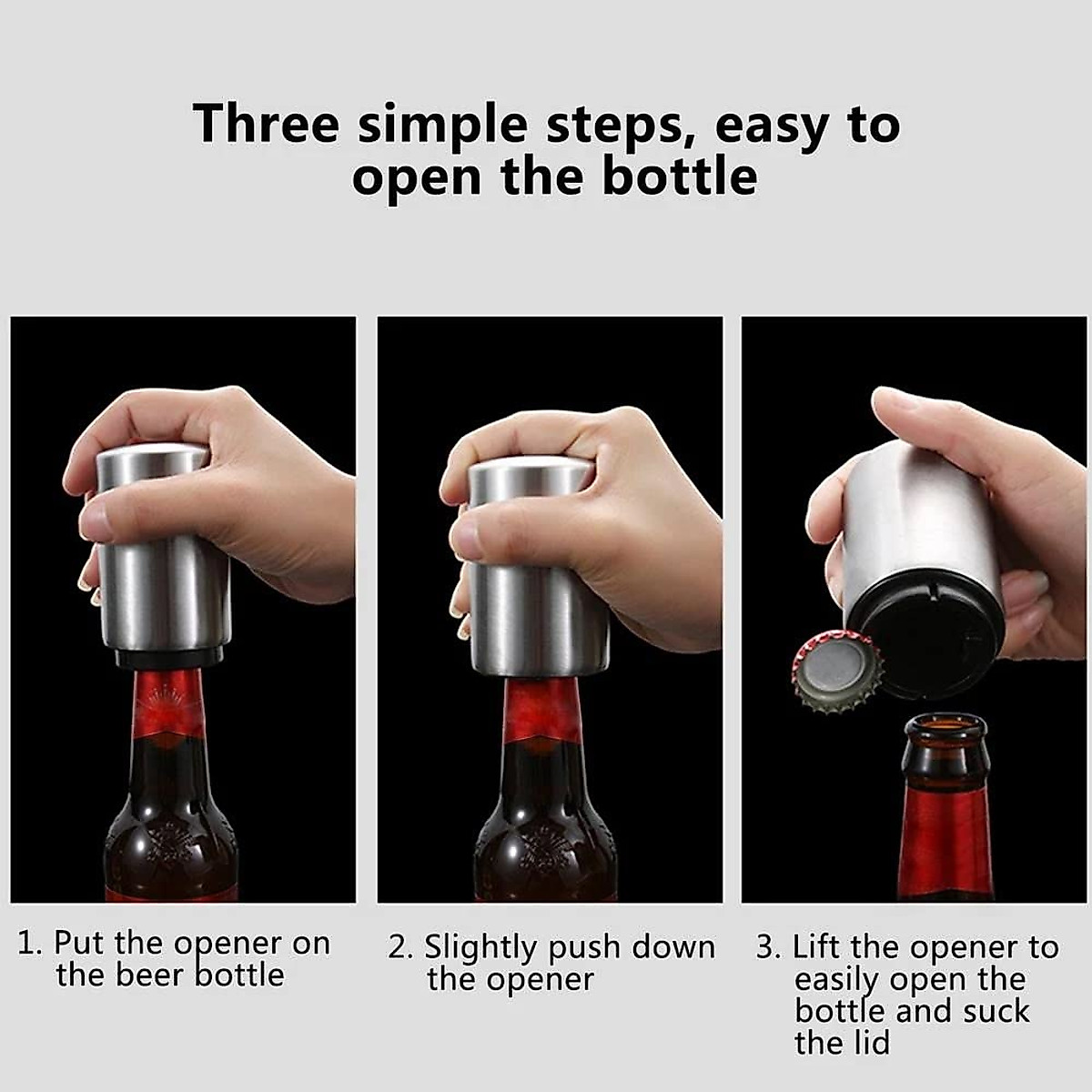 Automatic Beer Bottle Opener, Push Down and Pop Off Bottle Opener, Glass Soda Bottle Opener, No Damage to Bottle Cap with Magnet (Silver)