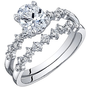 PEORA 1.50 Carats Oval Cut Moissanite Engagement Ring and Wedding Band Bridal Set Scattered Side Stones 925 Sterling Silver, D-E Color, VVS Clarity, Size 9.5