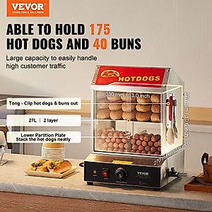 VEVOR Hot Dog Steamer, 28.5QT, 2-Tier Hot Dog Hut Steamer, 86℉~185℉ Temperature Control, Electric Bun Warmer with Tempered Glass Slide Doors Partition Plate Tong, Stainless Steel, for Hot Dogs & Buns