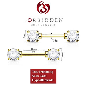 Forbidden Body Jewelry 14g 1/2 Inch (12mm) 14k Gold Plated Clear CZ Crystal Front Facing Gemmed Nipple Ring Barbell Set