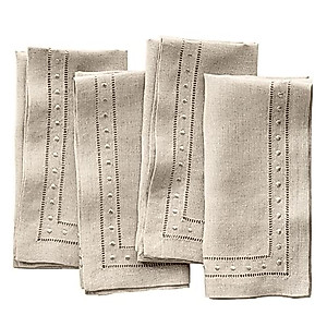 Linen Napkins - Natural 18 x 18 inch, Set of 4 Hemstitch Dinner Napkins Cloth with Embroidered Dot - Cloth Napkins from 100% French Flax, Natural Fabric