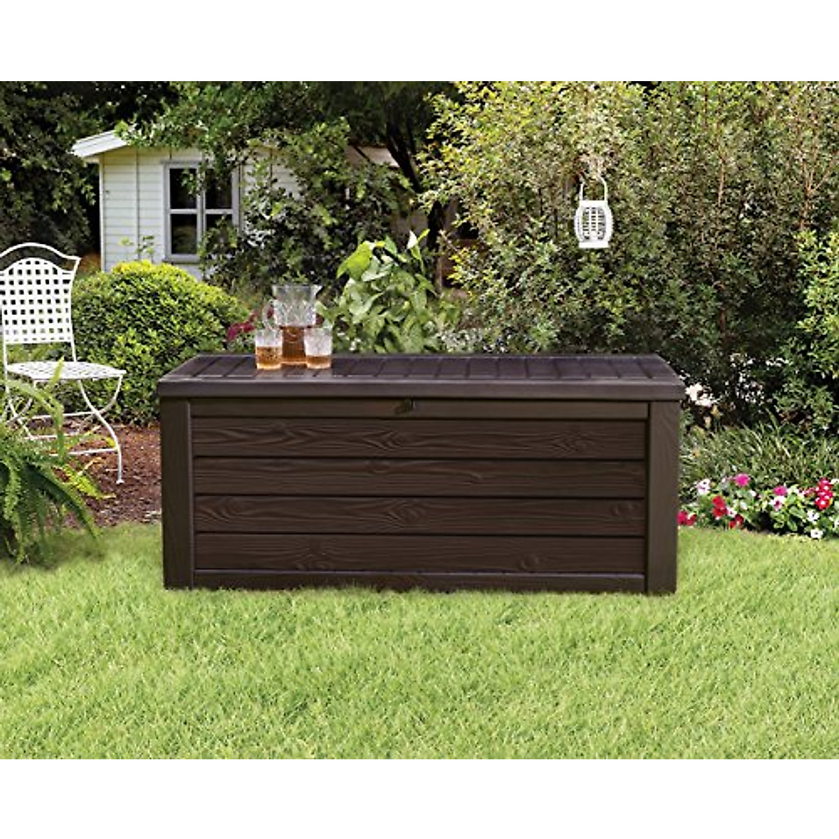 Keter Westwood 150 Gallon Resin Large Deck Box-Organization and Storage for Patio Furniture, Outdoor Cushions, Garden Tools , Pool Toys, Brown
