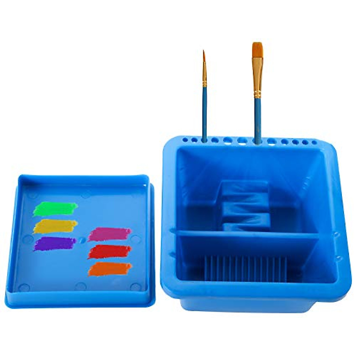 Yesland 3 Pack Artist Brush Basin, 12 Hole Blue Multi-Function Plastic Brush Washer with Lid and Brush Holder, 6.3 x 6.3 x 3.5 Inches Three Compartment Brush Tub for Acrylic and Watercolor Painting