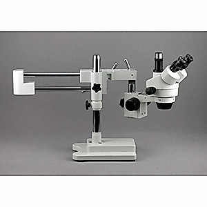 AmScope SM-4TP Professional Trinocular Stereo Zoom Microscope with Simultaneous Focus Control, WH10x Eyepieces, 7X-45X Magnification, 0.7X-4.5X Zoom Objective, Ambient Lighting, Double-Arm Boom Stand