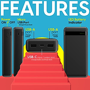 TalkWorks Nintendo Switch Power Bank 20,000mAh - Portable Charger Power Battery Pack With USB Ports And LED Battery Indicator - Compact Easy-to-Carry External Battery Supply With 3ft USB-C Cable