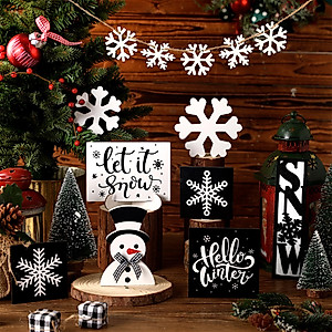 FairySandy 15 Pcs Winter Tiered Tray Decor Set Black and White Snowflake Table Wood Decoration Snowman Wooden Sign Rustic Farmhouse Coffee Bar Signs Winter Tray Decor for Home Xmas Holiday Tabletop