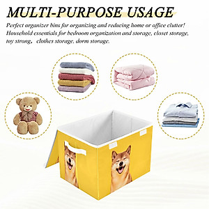 Wusikd Shiba Inu Dog Storage Basket Yellow Storage Boxes with Lids and Handle, Large Storage Cube Bin Collapsible for Shelves Closet Bedroom Living Room, 16.5x12.6x11.8 In