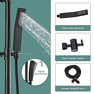 Heyalan Matte Black Rain Shower System Set,Exposed Shower System 3 Functions Bathroom Shower Faucet 8 Inch Swivel Rainfall Shower Head Handheld Complete Set Tub Spout Wall Mount