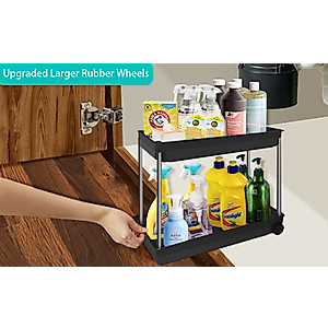 Durmmur [Upgrade Wheels] Under Sink Organizers and Storage, Slide Out Multi-Purpose 2 Tier Bathroom Organization Countertop or Undersink Shelf, Kitchen Under Cabinet Container Basket Caddy with Hooks