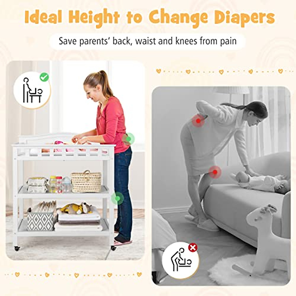 Costzon Baby Changing Table, Infant Diaper Changing Station w/Waterproof Changing Pad, Safety Strap, Storage Shelves, Mobile Nursery Organizer for Newborn, Portable Changing Table with Wheels (White)