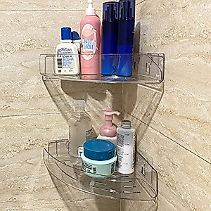 Fadilo Acrylic Corner Shower Caddy Shelf, Adhesive Wall Mounted Bathroom Shower Shelf Organizer for Inside Shower Kitchen Storage, No Drilling Clear Shower Shelves for Toilet, Shampoo, Dorm (2 Pack)