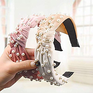 Allucho Pearl Headbands for Women, Beaded Headband Non Slip Wide Top Knot Head Bands, Black White Pink Gold Headband with Pearls Hair Accessories for Women and Girls Daily Festival Gifts
