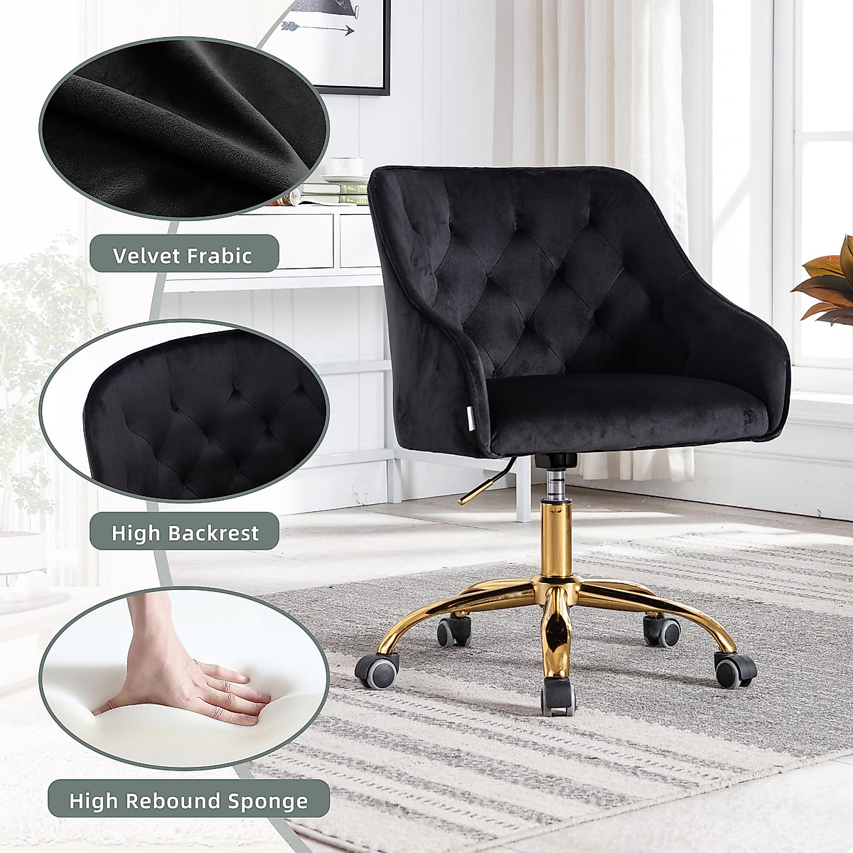KUIKUI Velvet Desk Chair, Modern Office Chair, Wheels Swivel Height Adjustable Swivel Task Chair for Home Office,Black