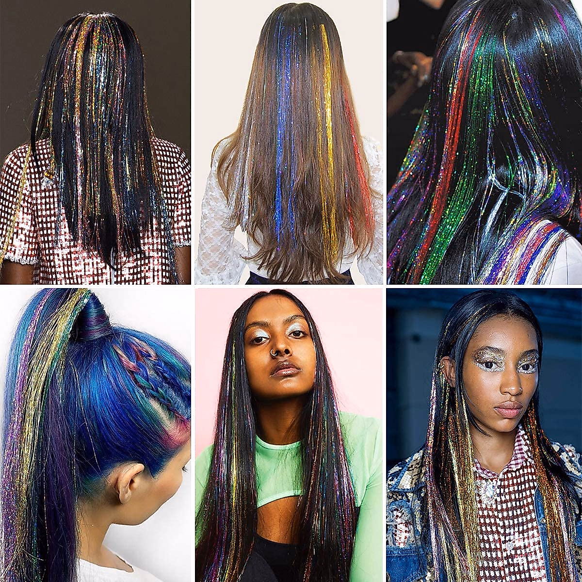 Clip In Hair Tinsel Hair Tinsel 12 Colors 24 Inch 3600 Strands Hair Tinsel Strands, Fairy Hair Tinsel Heat Resistant Safe Hair Glitter Tinsel Hair Extensions